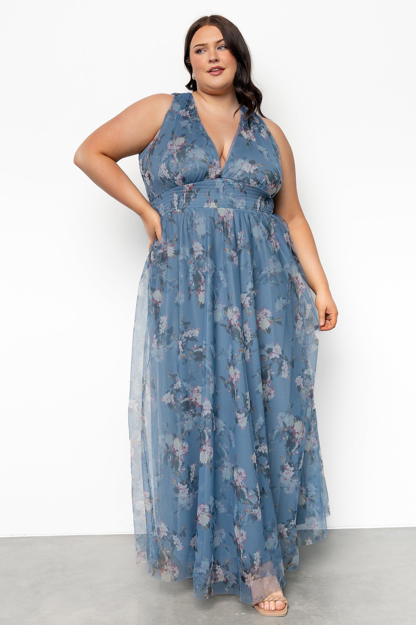 XH TEXTILES XH Textiles Kamila Tulle Maxi Dress - Floral Print V-Neck Gown